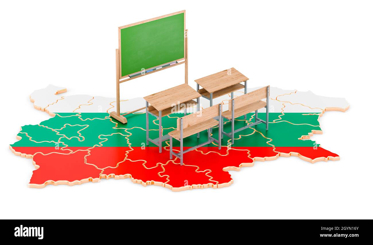 Education in Bulgaria, concept. School desks and blackboard on Bulgaria ...