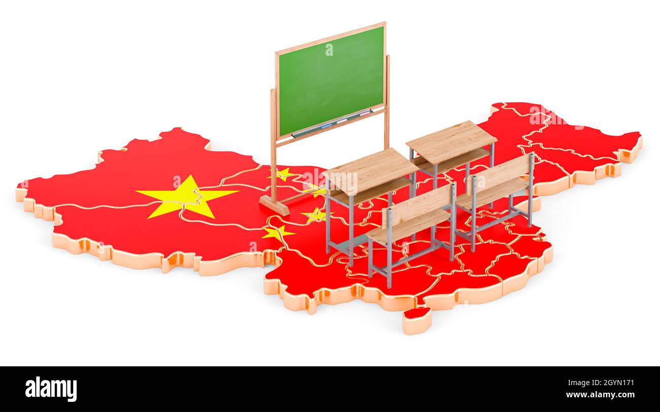 Education in China, concept. School desks and blackboard on China map ...
