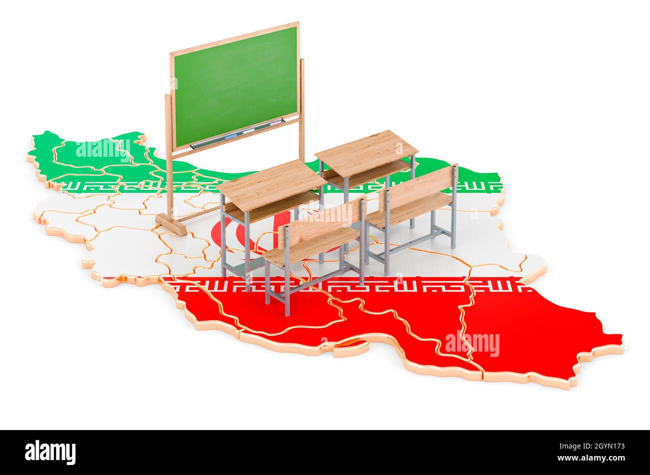 Education in Iran, concept. School desks and blackboard on Iran map. 3D ...