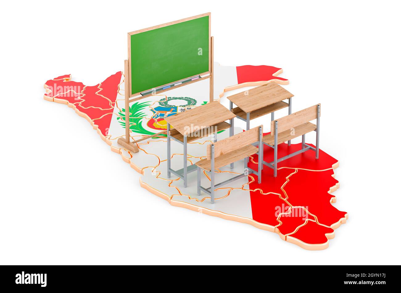 Education in Peru, concept. School desks and blackboard on Peru map. 3D ...