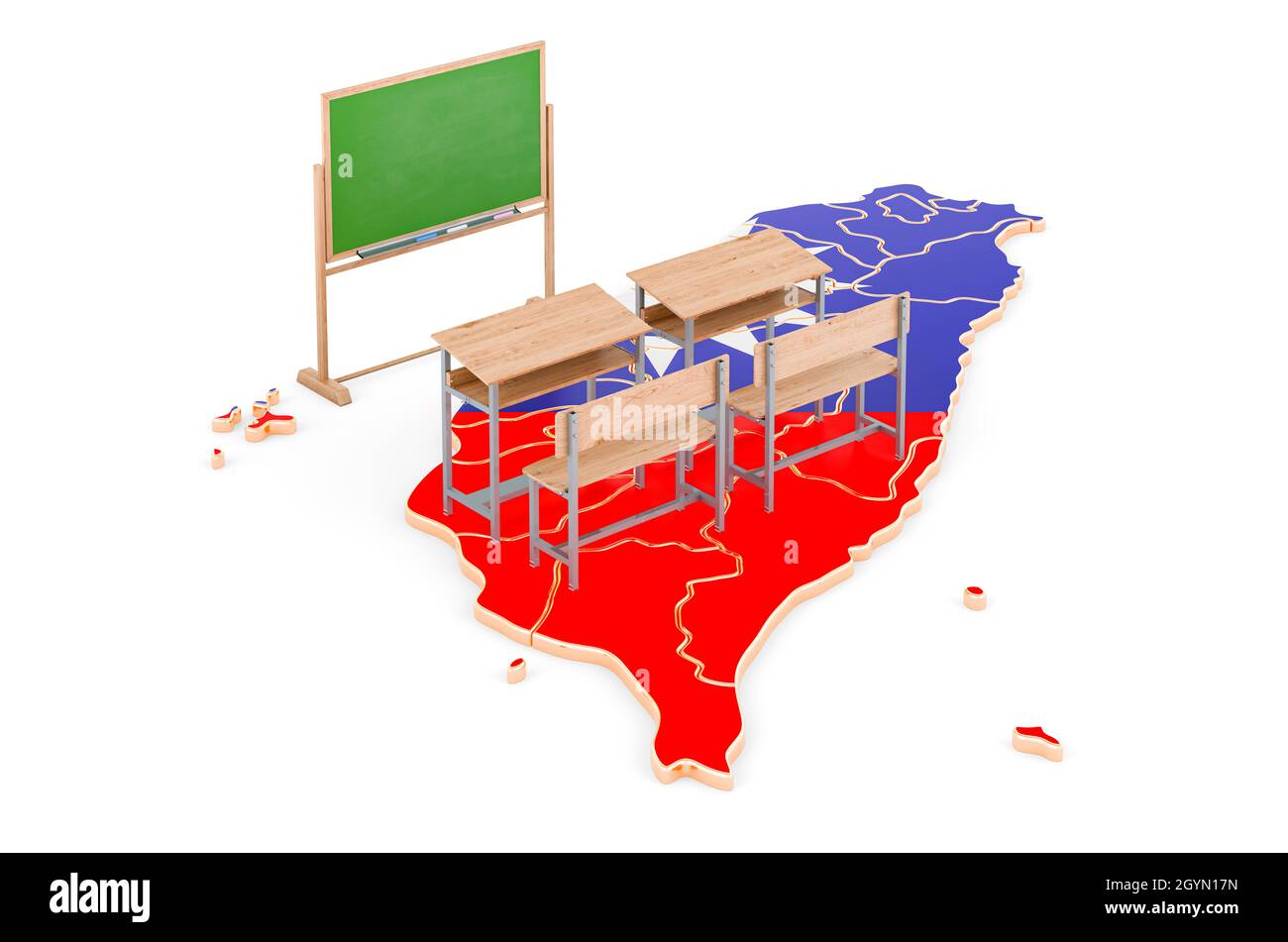 Education in Taiwan, concept. School desks and blackboard on Taiwan map ...