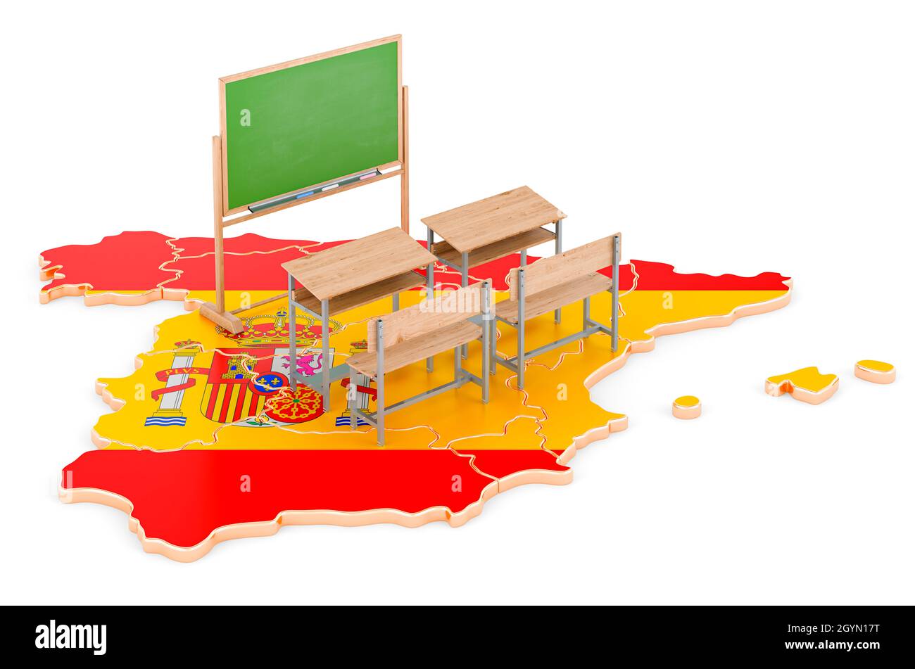 Education in Spain, concept. School desks and blackboard on Spain map ...