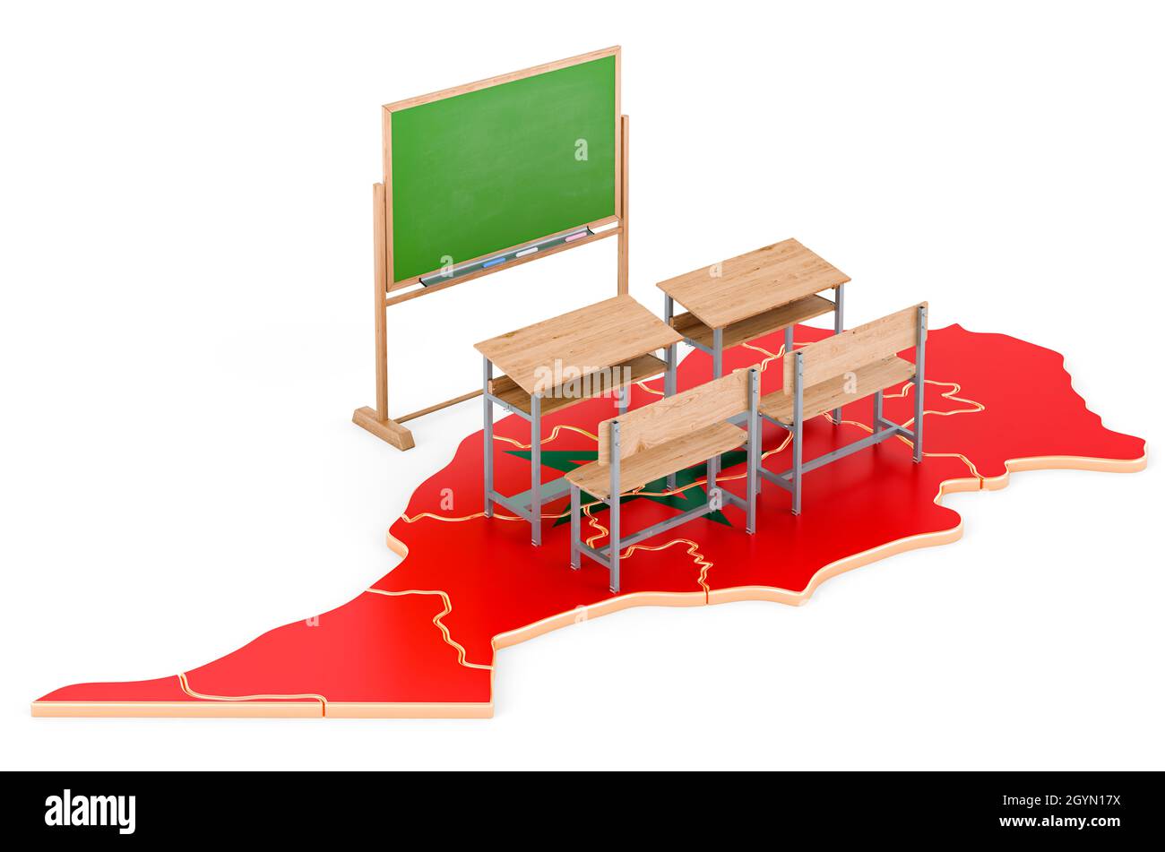 Education in Morocco, concept. School desks and blackboard on Morocco ...