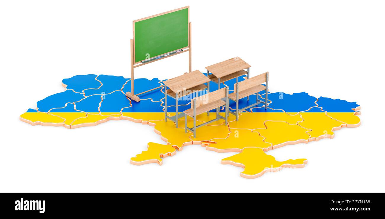 Education in Ukraine, concept. School desks and blackboard on Ukraine ...
