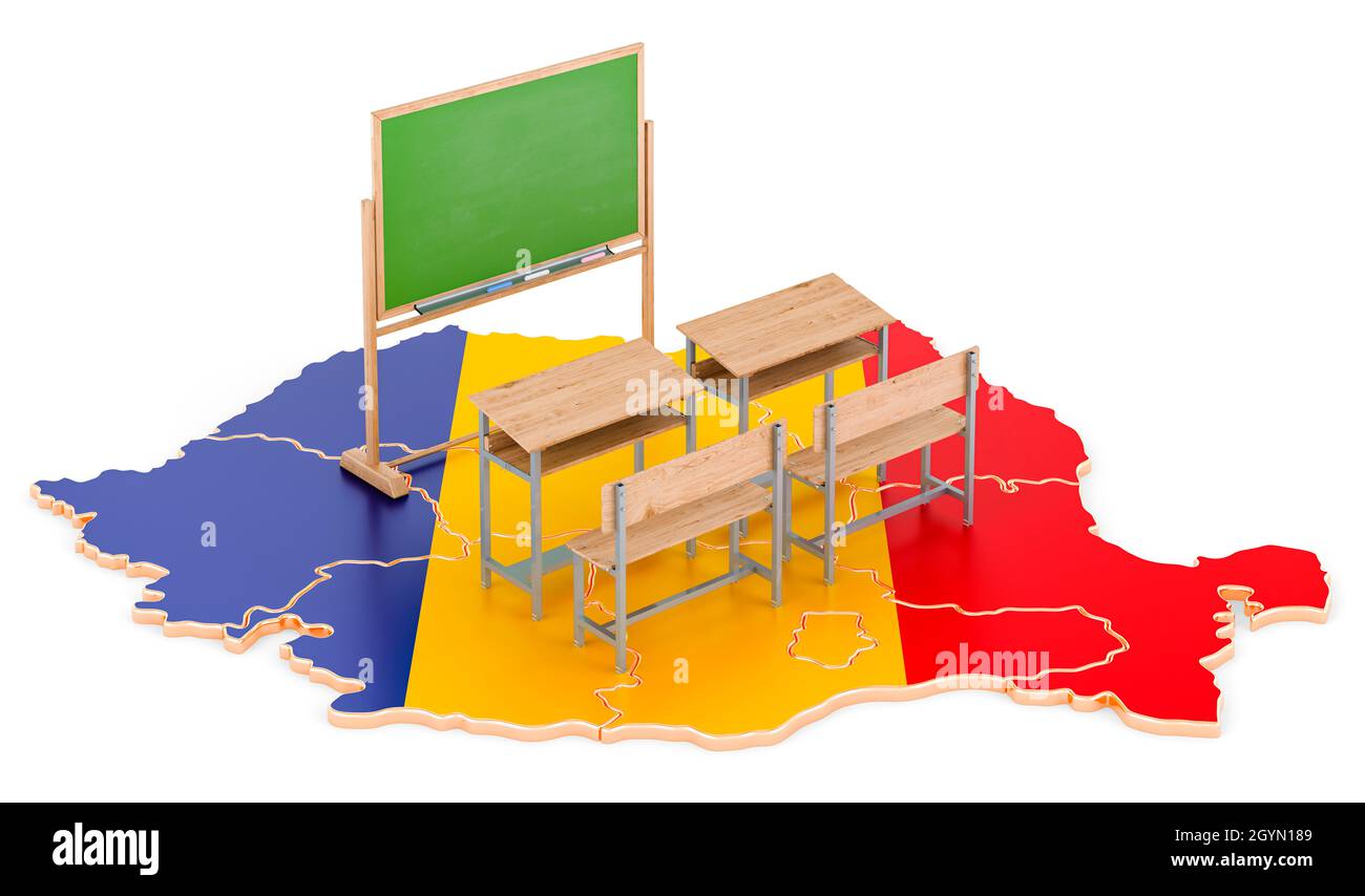 Education in Romania, concept. School desks and blackboard on Romania ...