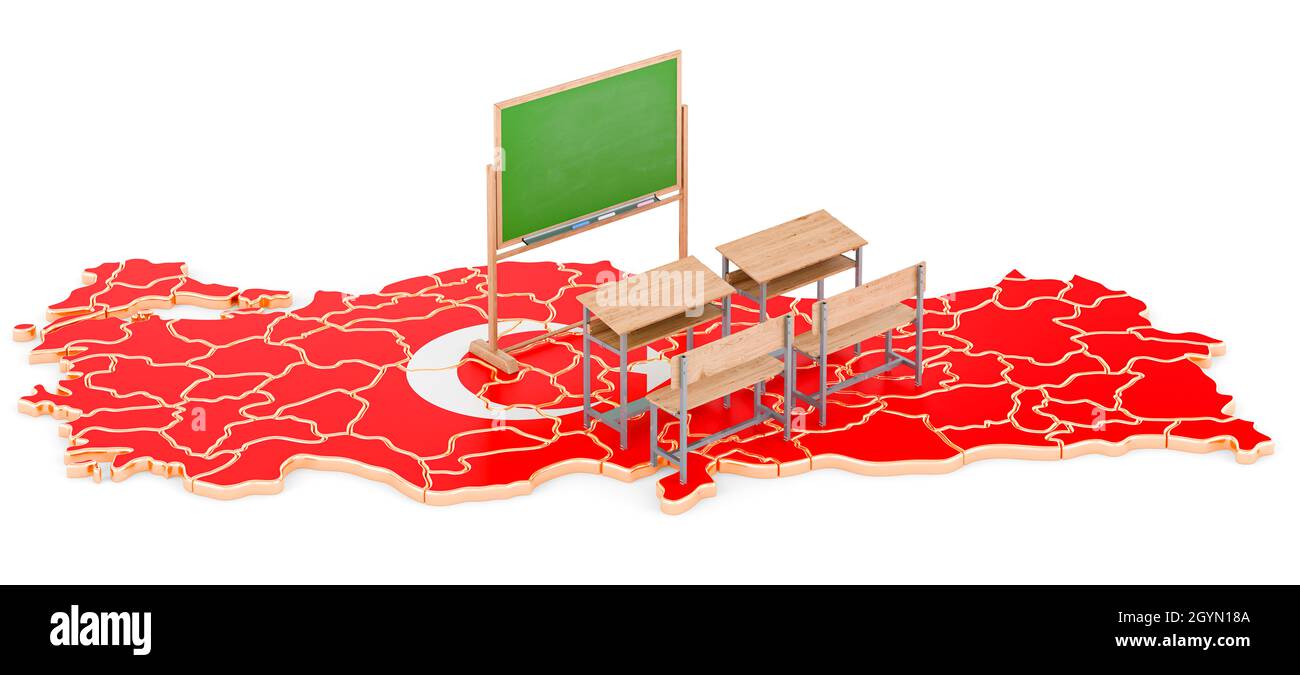 Education in Turkey, concept. School desks and blackboard on Turkey map ...