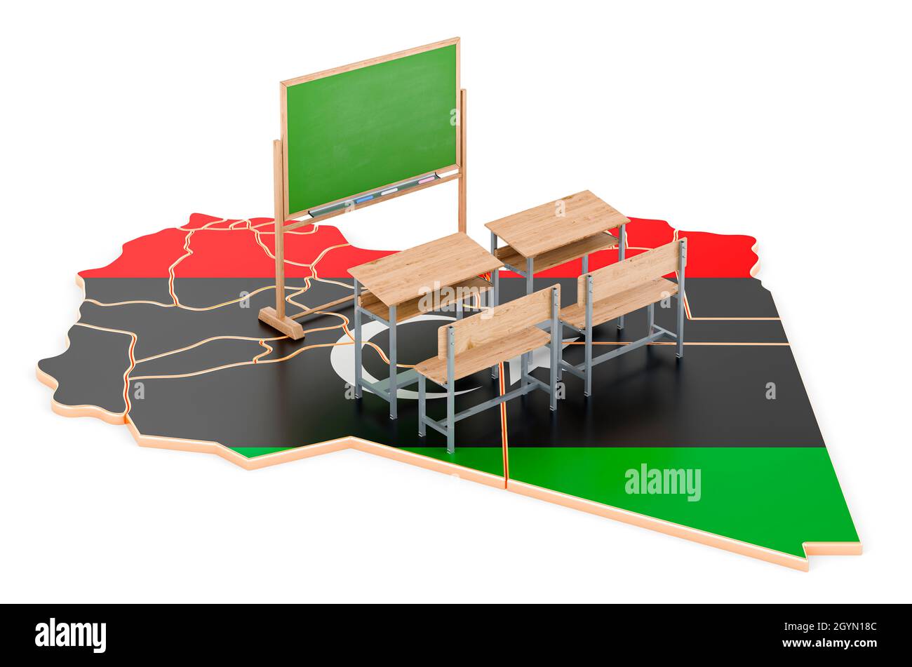 Education in Libya, concept. School desks and blackboard on Libya map ...
