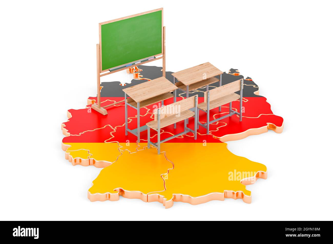 Education in Germany, concept. School desks and blackboard on Germany ...