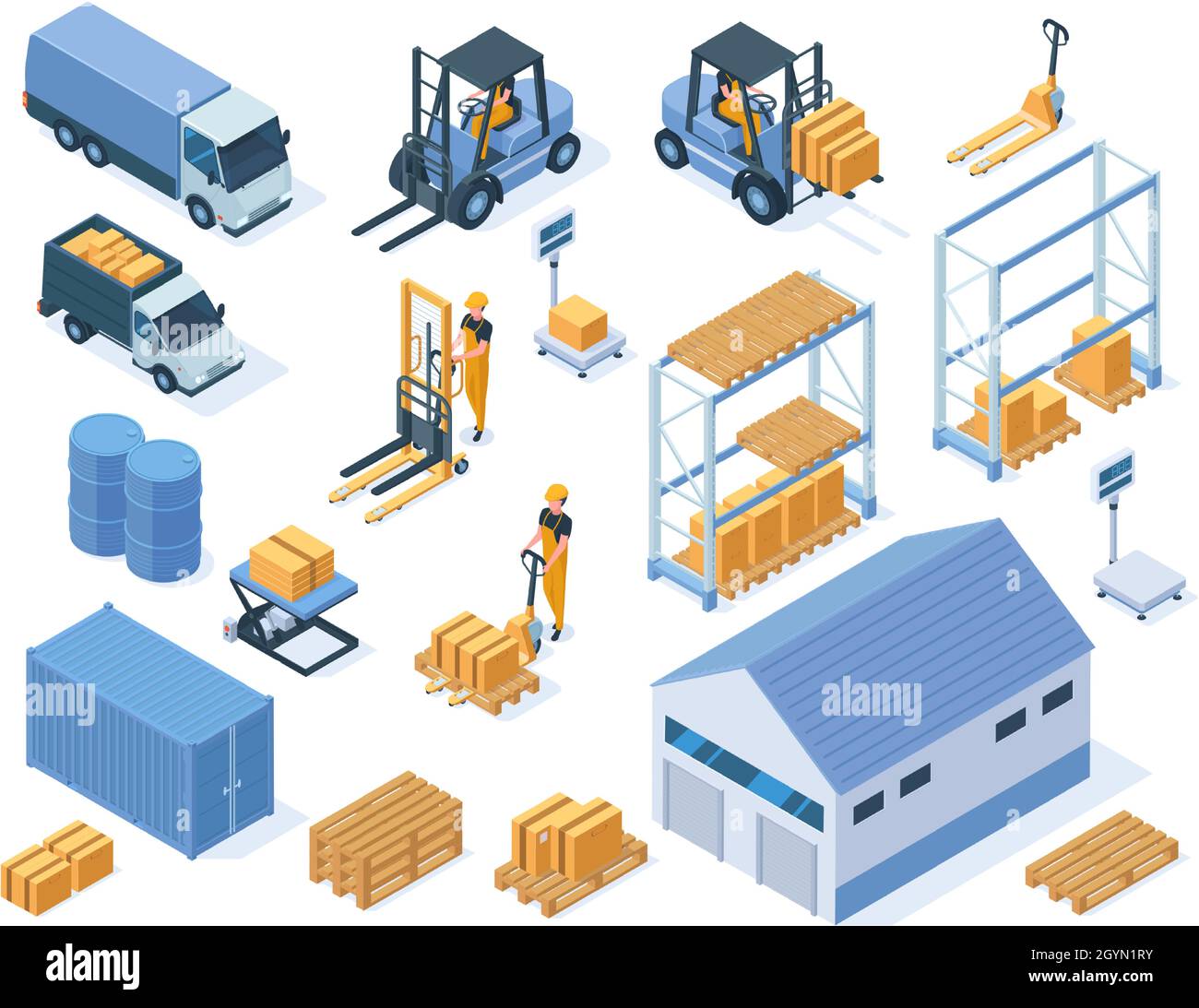 Isometric warehouse storage delivery logistic services elements ...