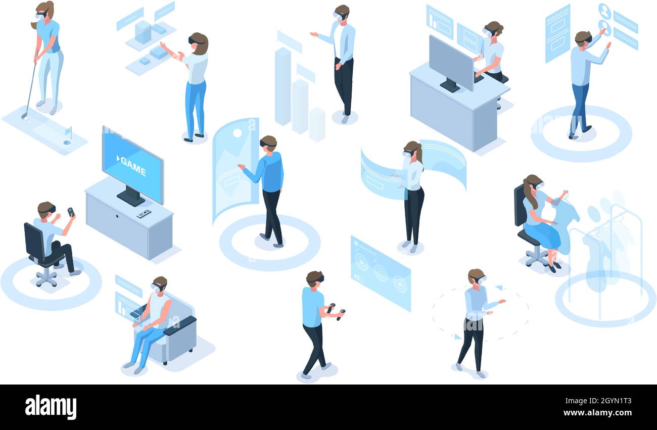Isometric people in headsets use virtual reality simulators. Characters ...