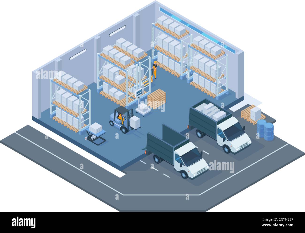 Isometric storage building, modern warehouse interior. Storage forklift ...