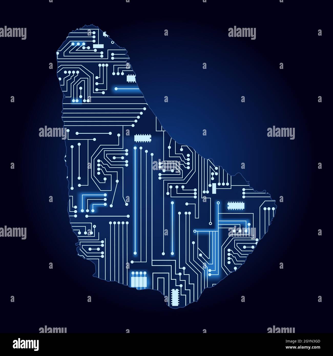 Contour map of Barbados with a technological electronics circuit Stock ...