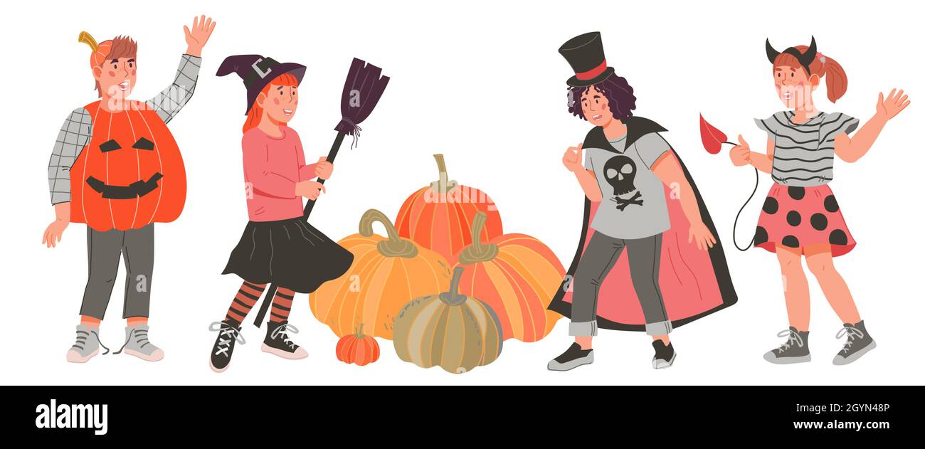 Kids in Halloween costumes with harvest of autumn pumpkins, flat vector ...