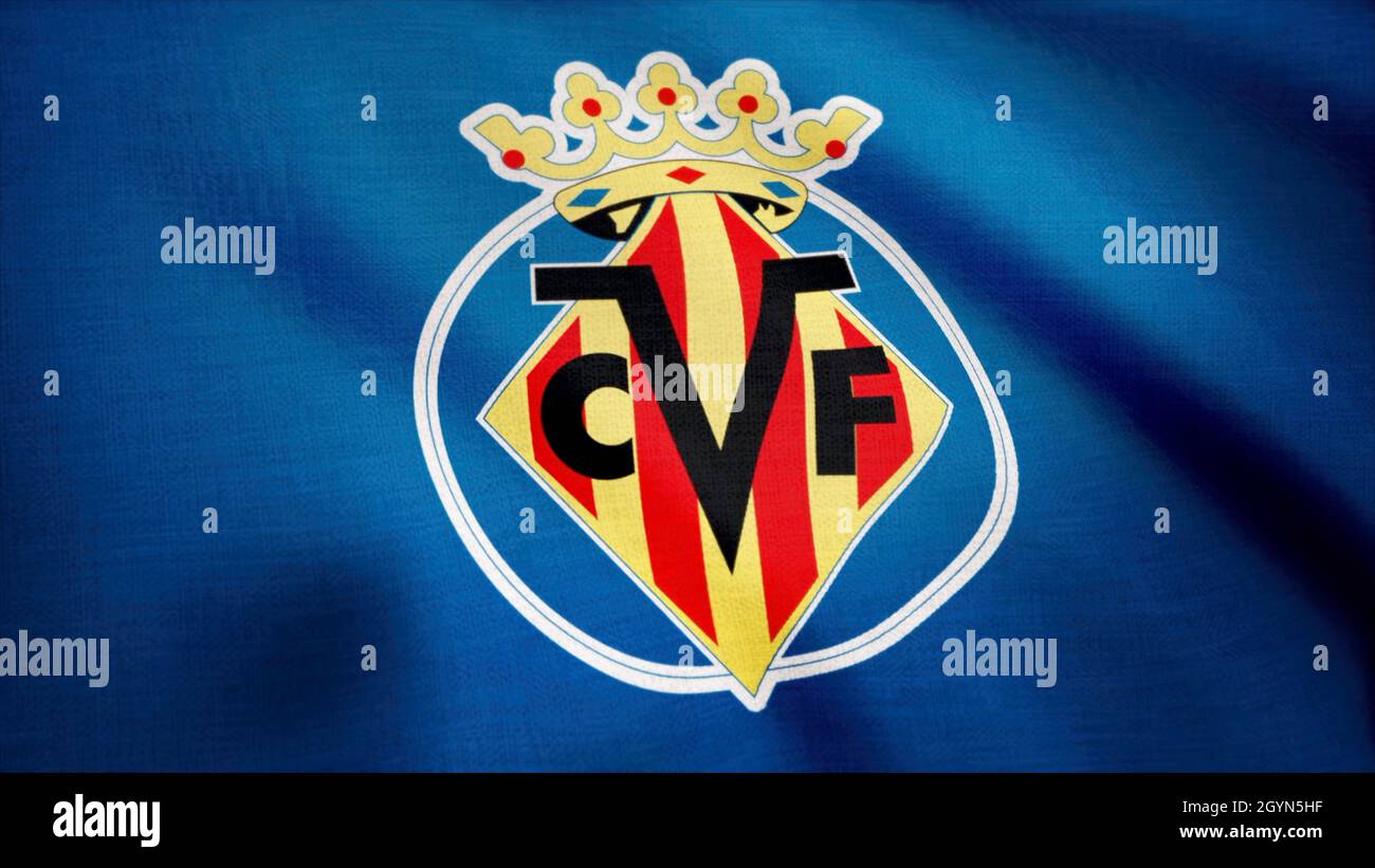 FC Villarreal flag is waving on transparent background. Close-up of ...