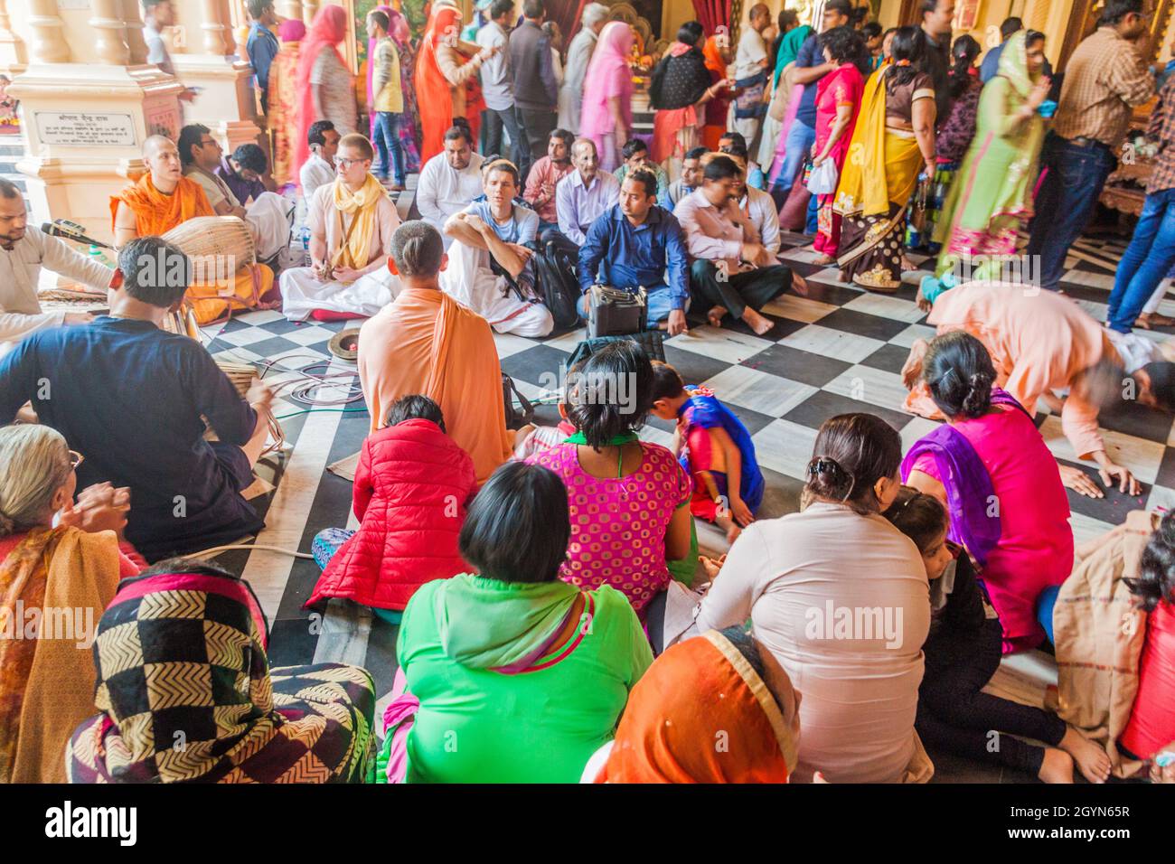 VRINDAVAN, INDIA - FEBRUARY 18, 2017: People in Krishna Balaram Mandir ...