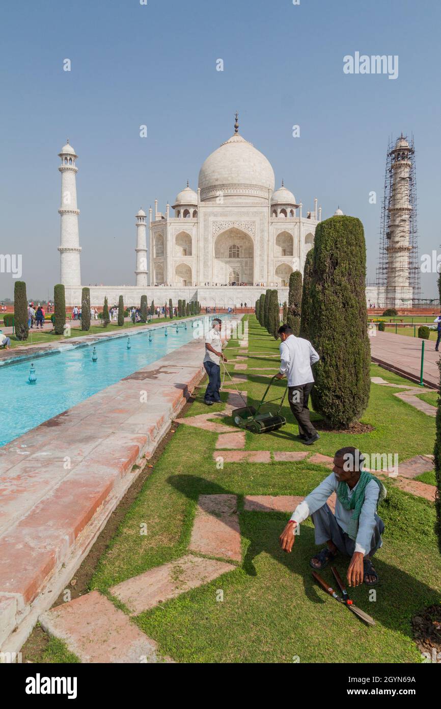 AGRA, INDIA - FEBRUARY 19, 2017: Workers are mowing a lawn Taj Mahal ...