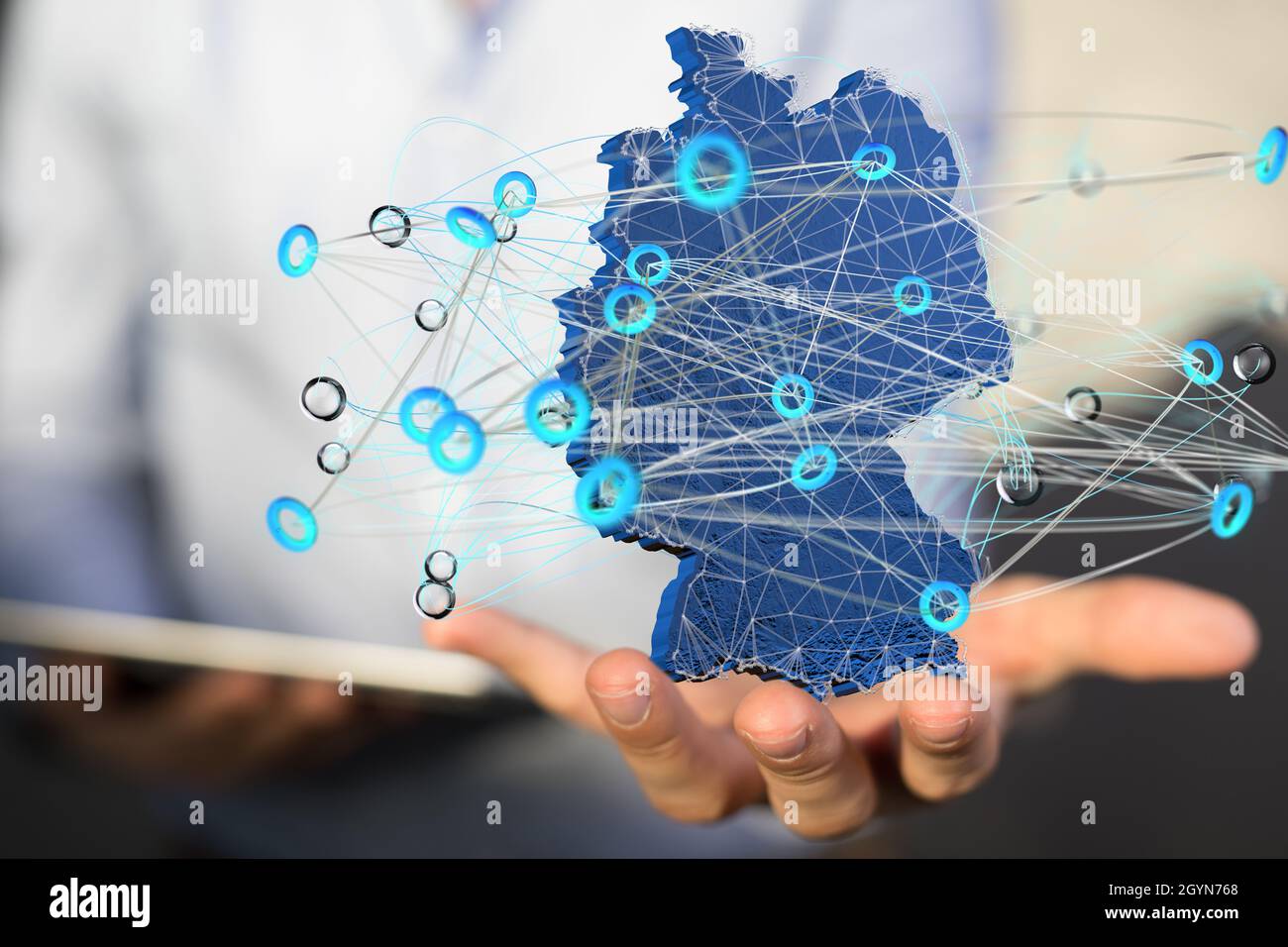 3D rendering of a digital german map and networking on a blurred ...