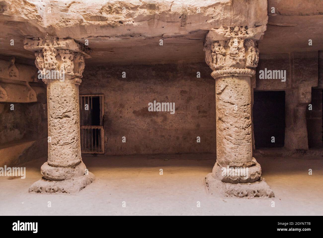 Buddhist caves at Uparkot Fort in Junagadh, Gujarat state, India Stock ...