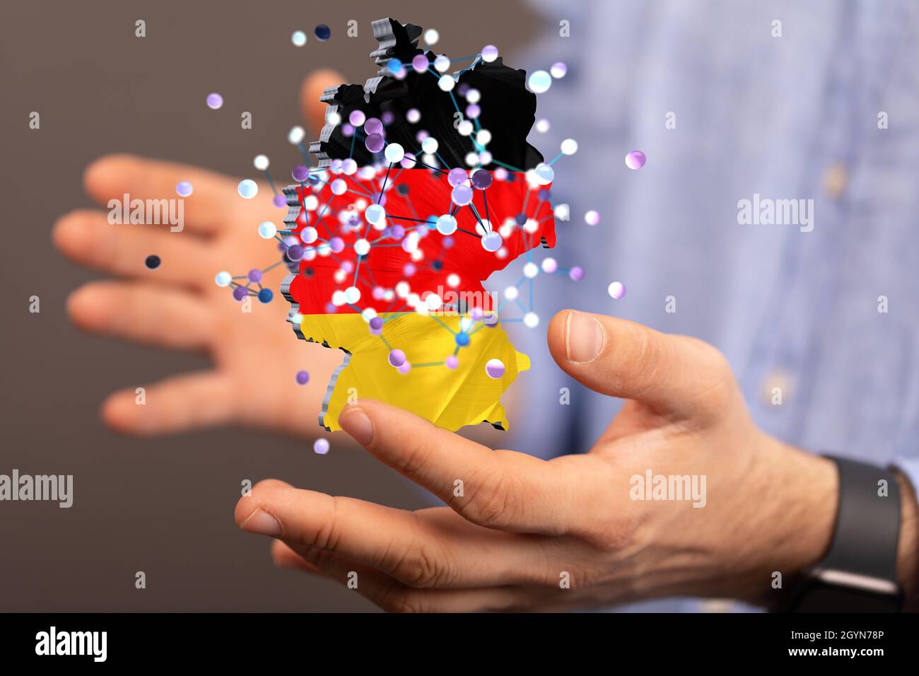 3D rendering of a digital german map and national flag on a blurred ...