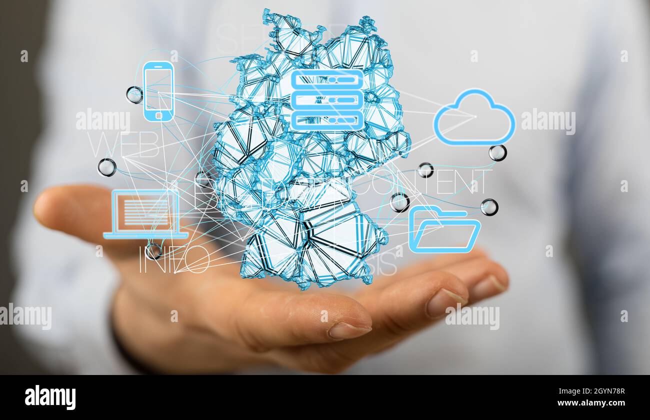 3D rendering of a digital german map and networking on a blurred ...