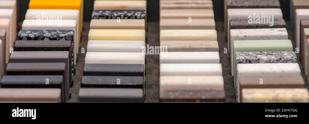 Samples of decorative artificial stone, close-up. Stone samples for ...