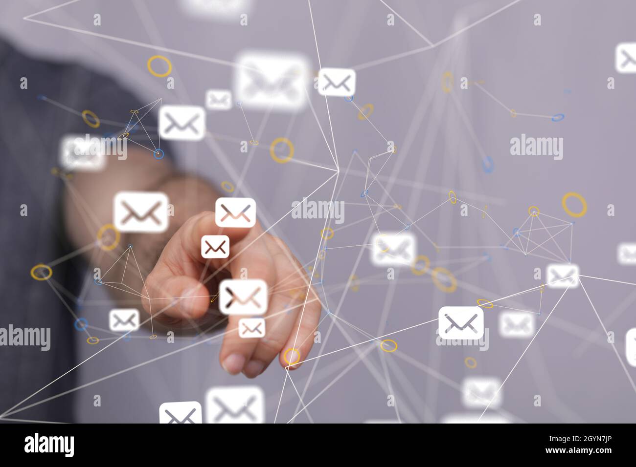 3D render of an email symbol and Network Communications with a blurry ...