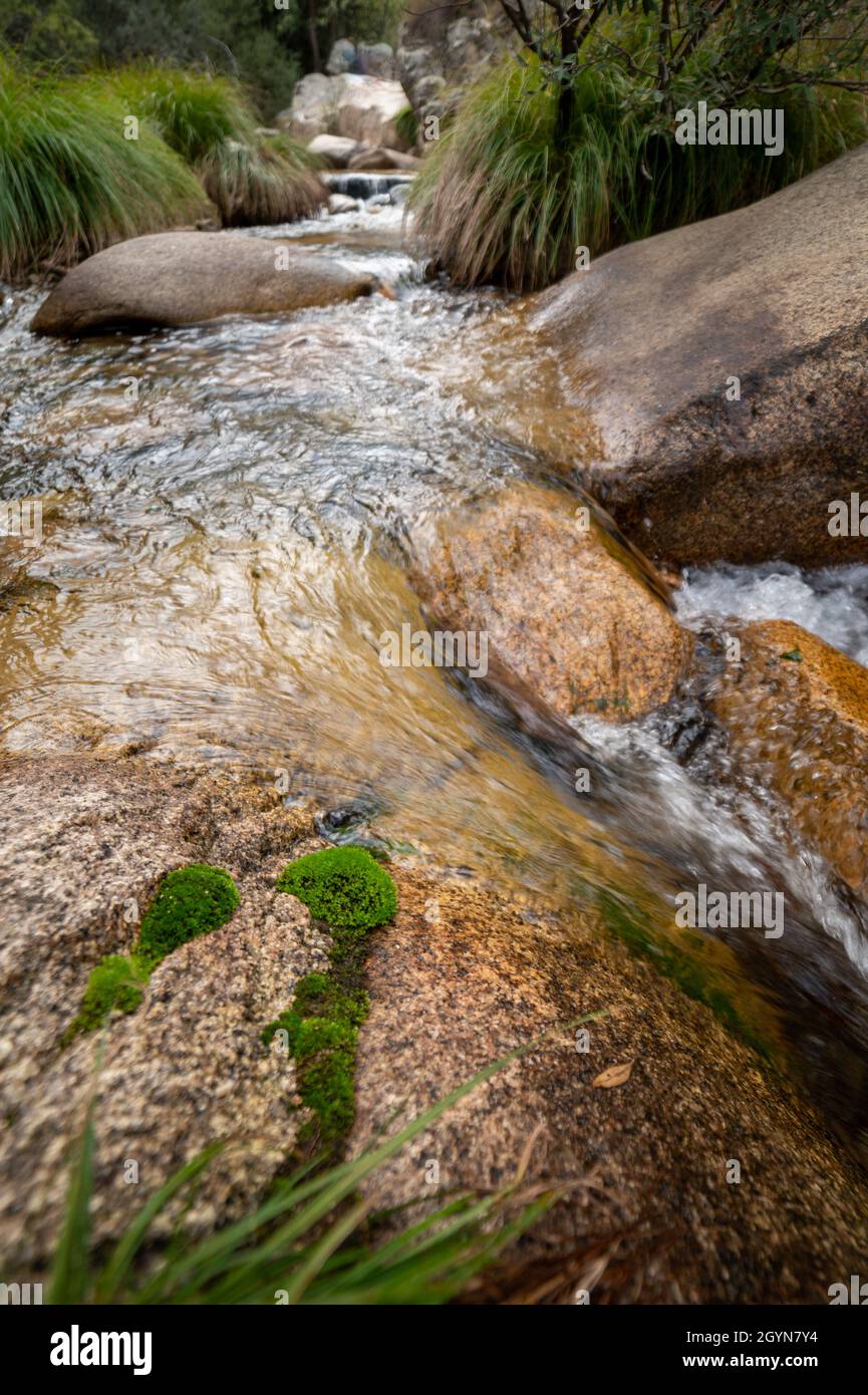 Beautiful clear river flows between large stones during the day ...