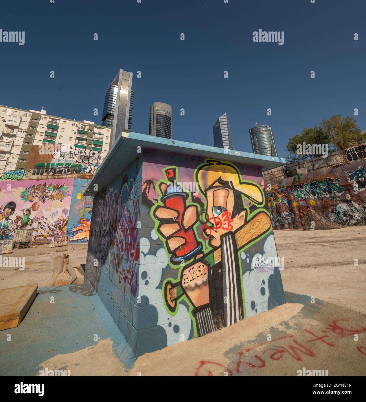 MADRID, SPAIN - Sep 12, 2021: A graffiti street art murals line the ...