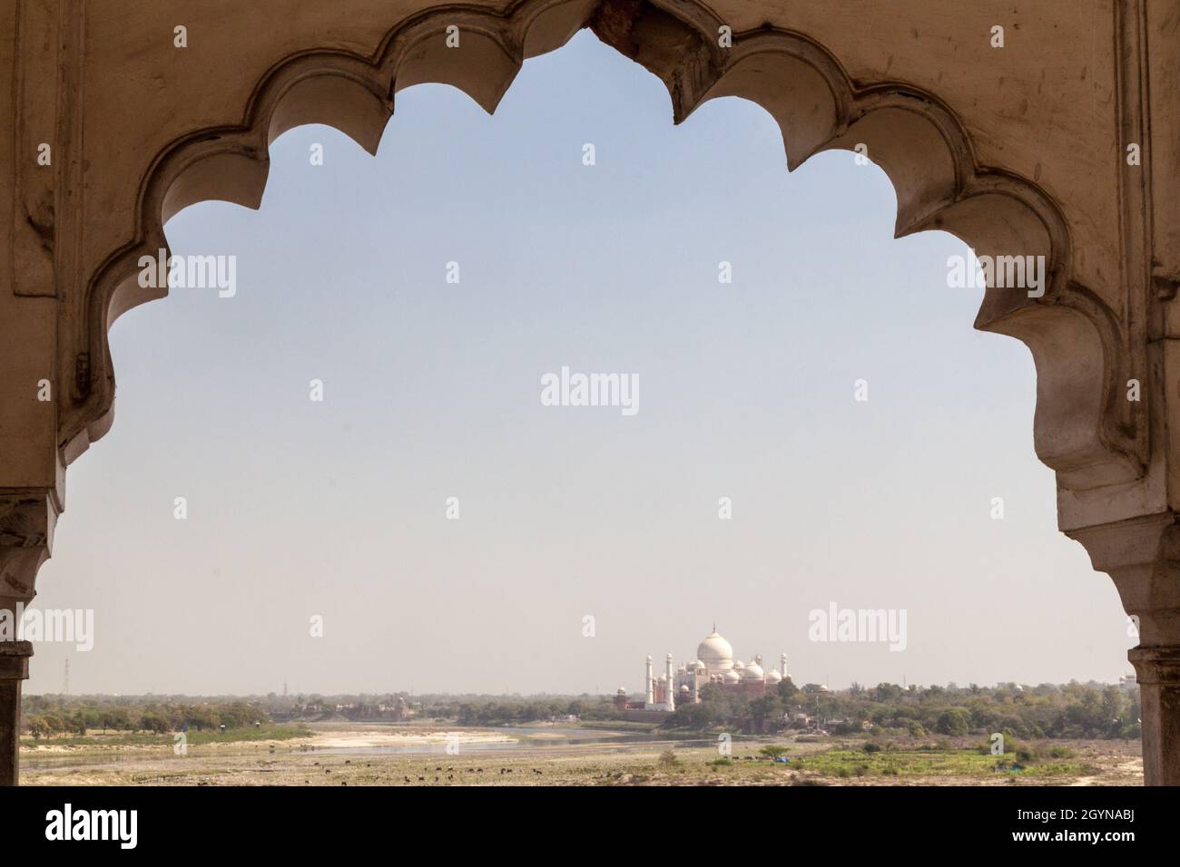 Taj Mahal as viewed from a window of Agra Fort, Uttar Pradesh state ...