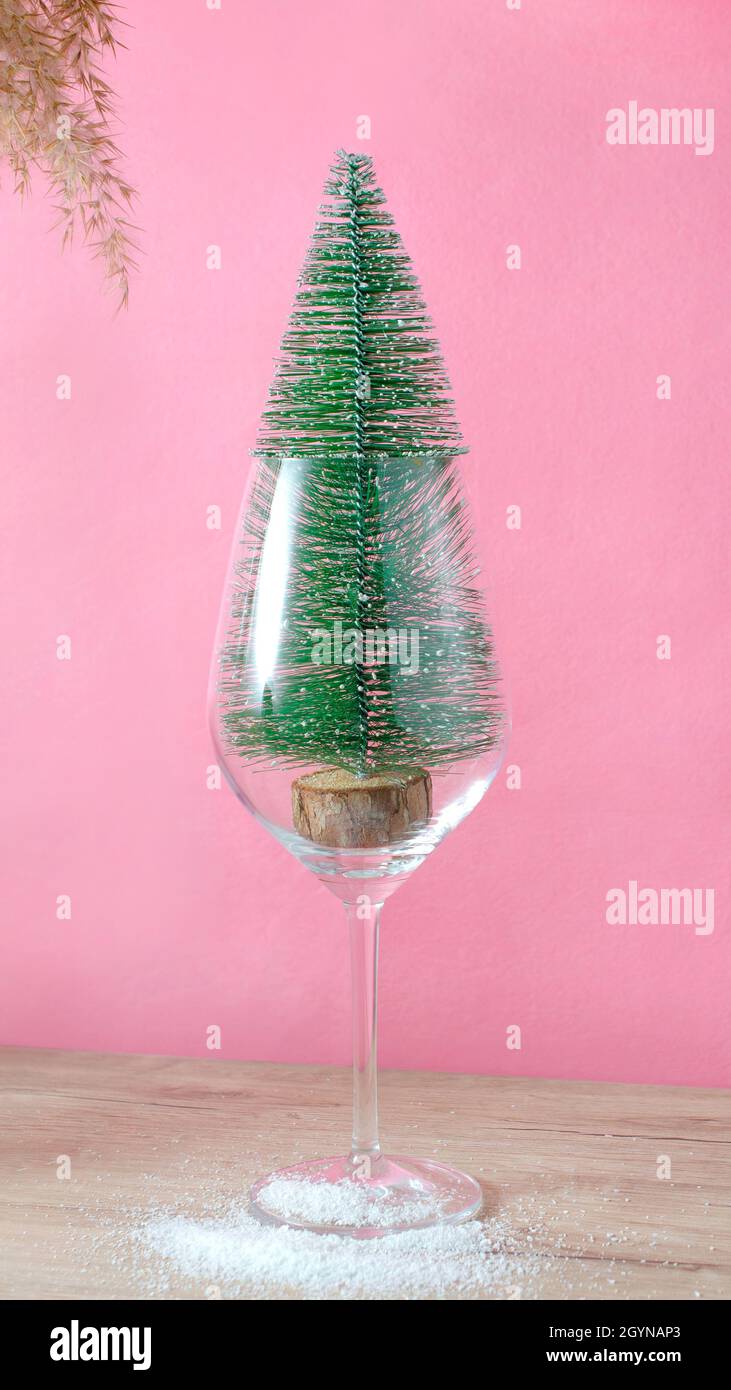 Christmas tree in the champagne glass with the snow around. The glass ...