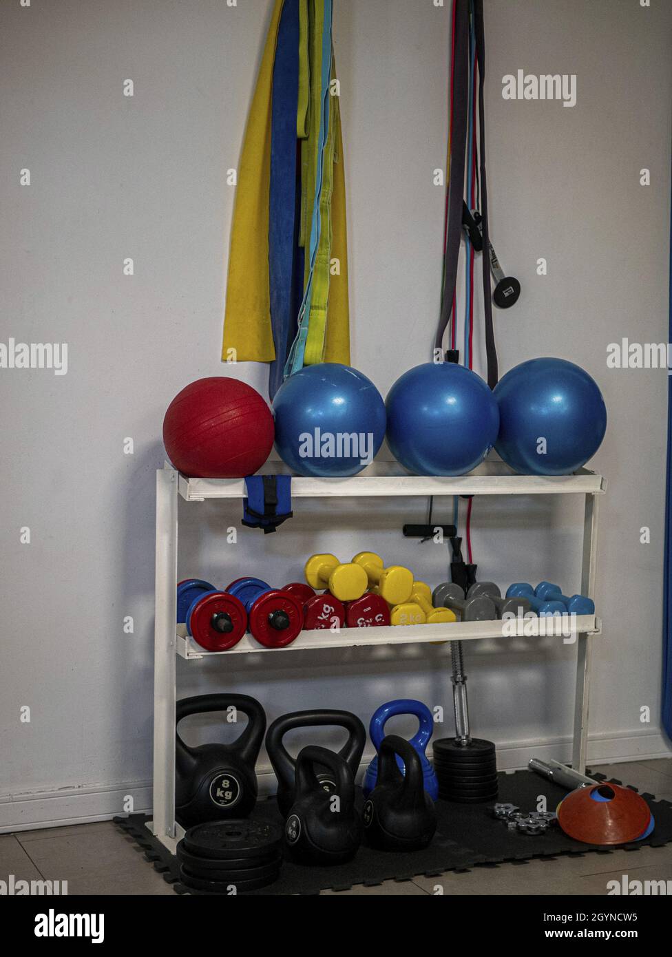 Closeup of sports equipment on the shelves in a gym Stock Photo - Alamy
