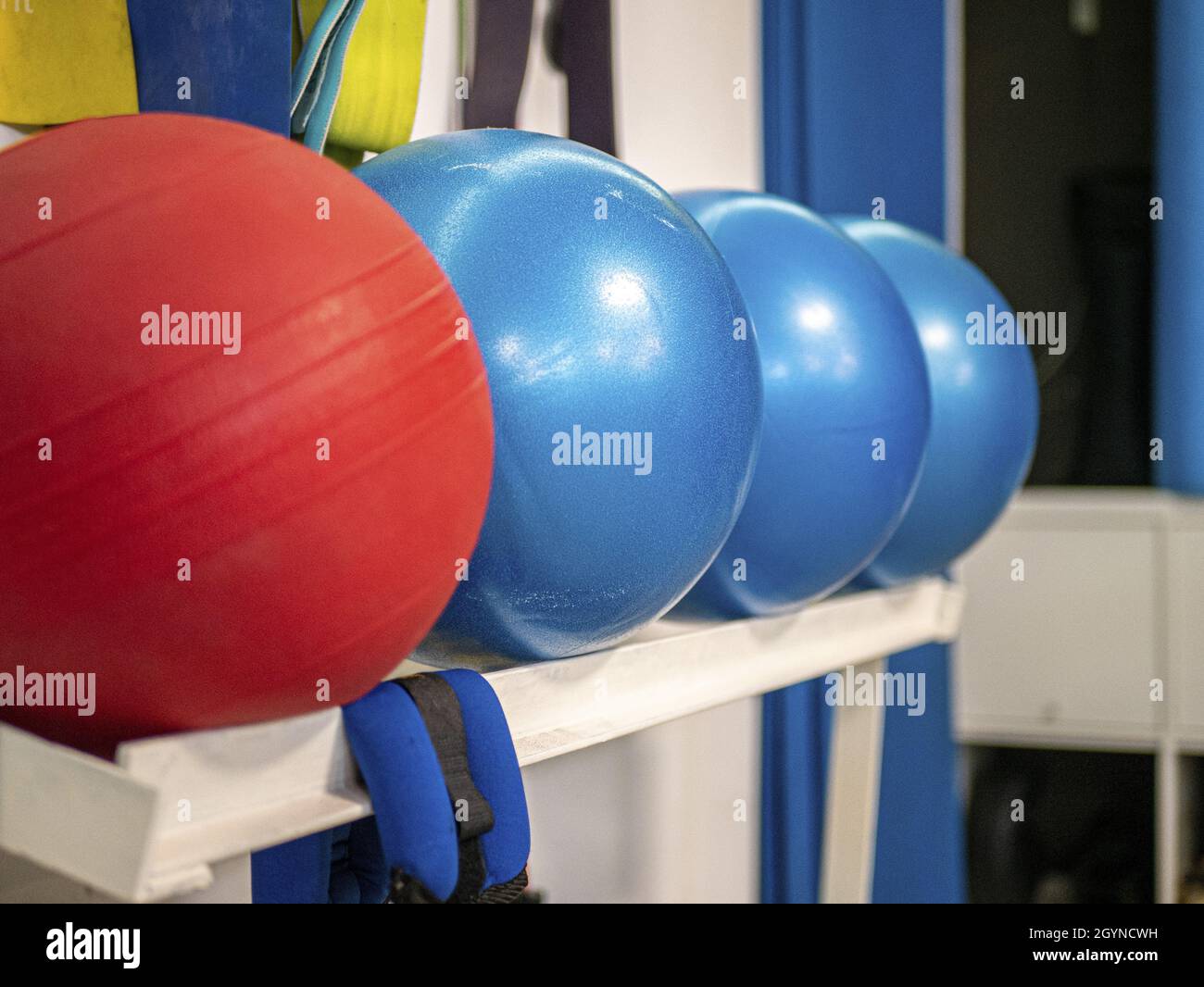 Closeup of colorful balls arranged on a shelf in a gym Stock Photo - Alamy