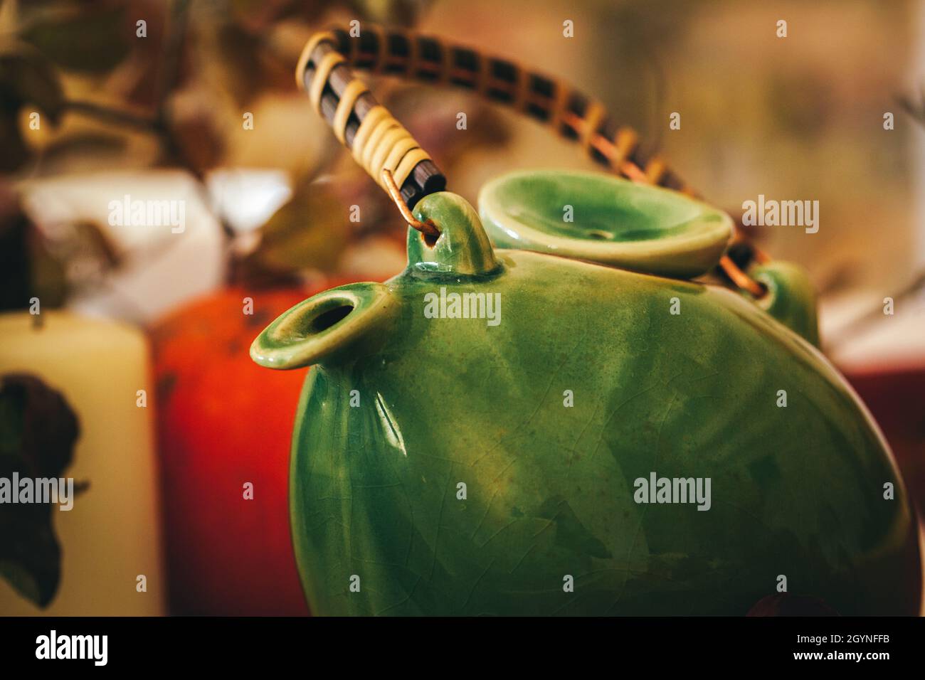 Tableware on kitchen table with autumn decor close up Stock Photo - Alamy