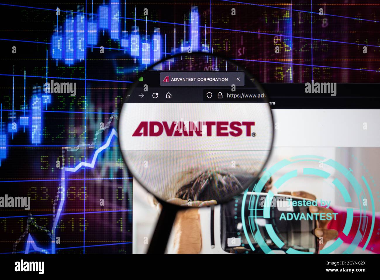 Advantest company logo on a website with blurry stock market ...