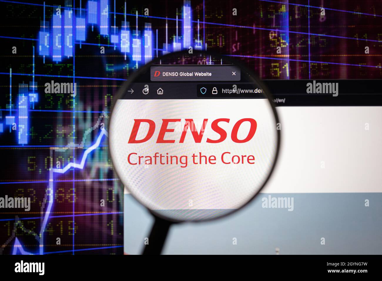 Denso company logo on a website with blurry stock market developments ...
