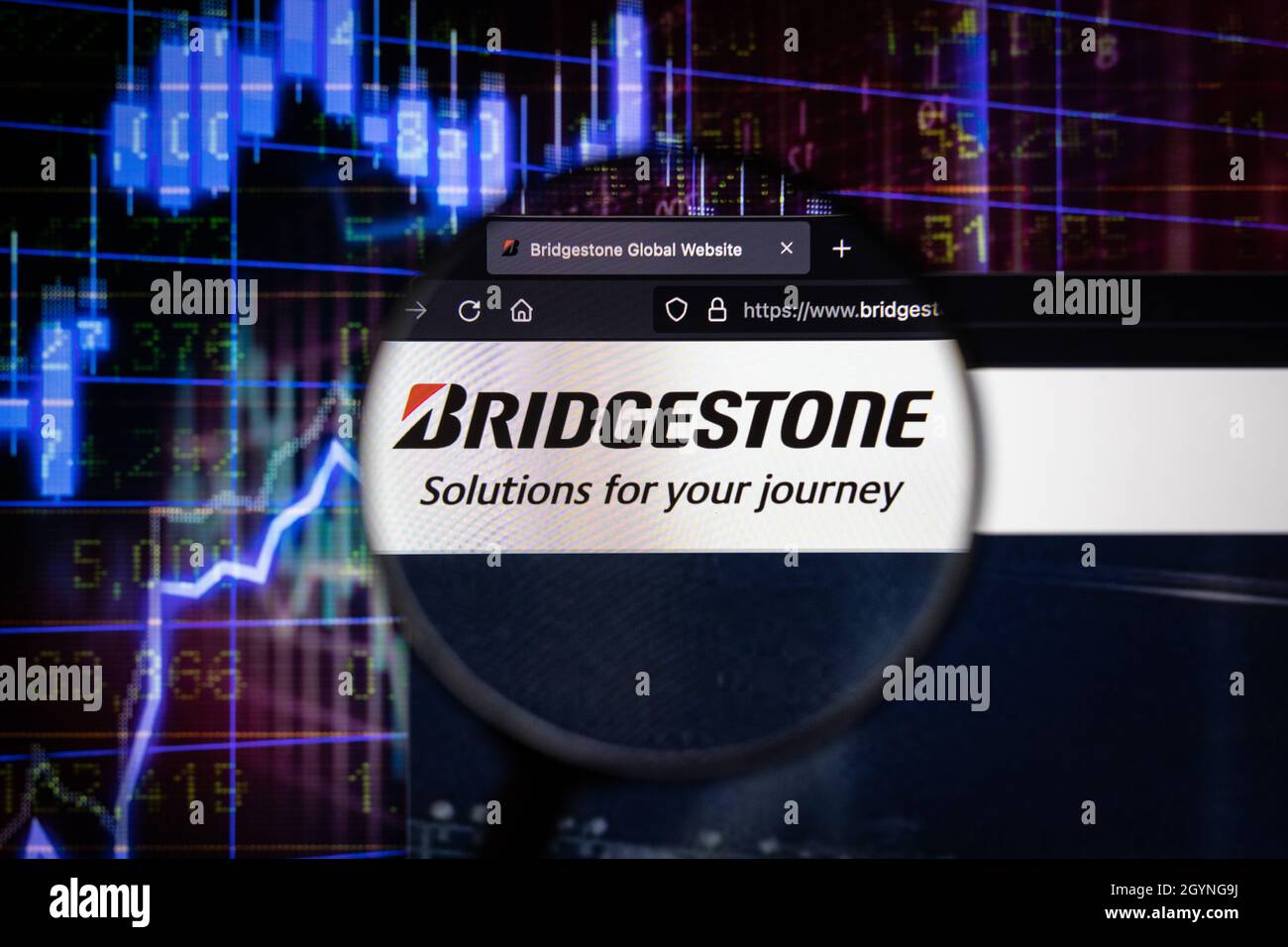 Bridgestone company logo on a website with blurry stock market developments in the background ...