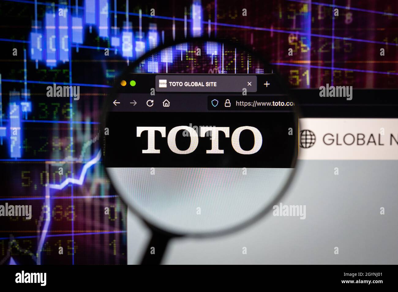 TOTO company logo on a website with blurry stock market developments in ...