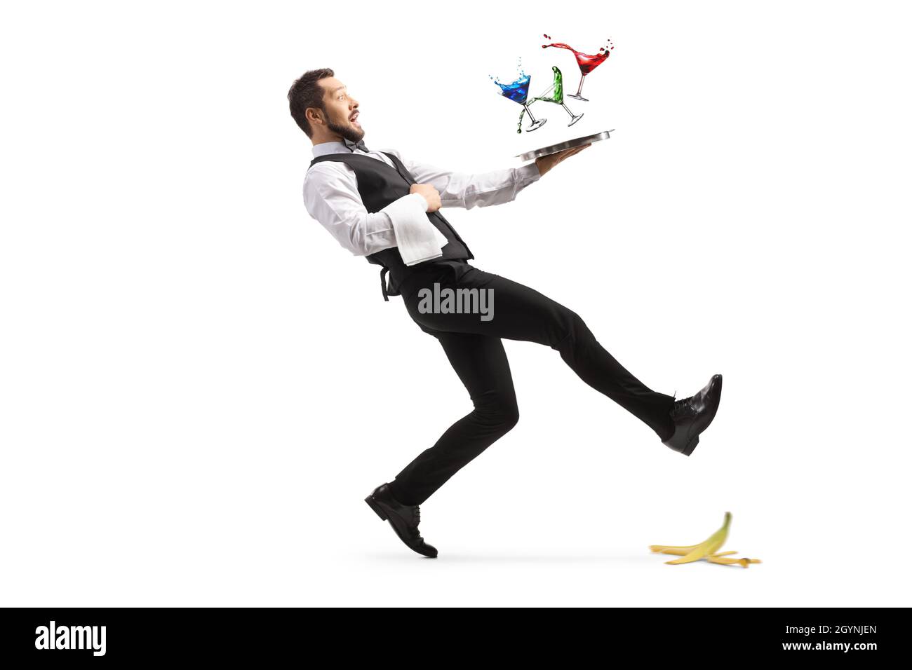 Full length shot of a waiter slipping on a banana peel and falling with ...
