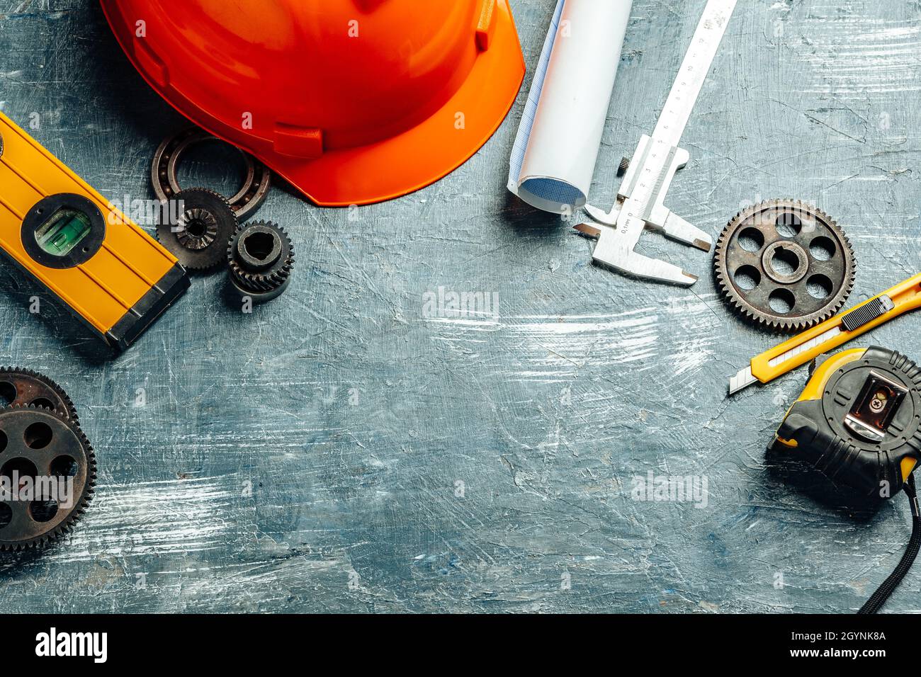 Machine engineer tools set on dark wooden background Stock Photo - Alamy