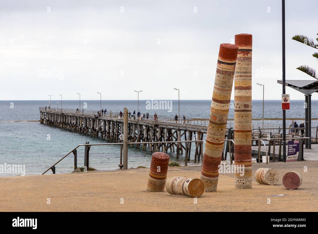 The art pylons on the foreshore at Port Noarlunga with the jetty ...