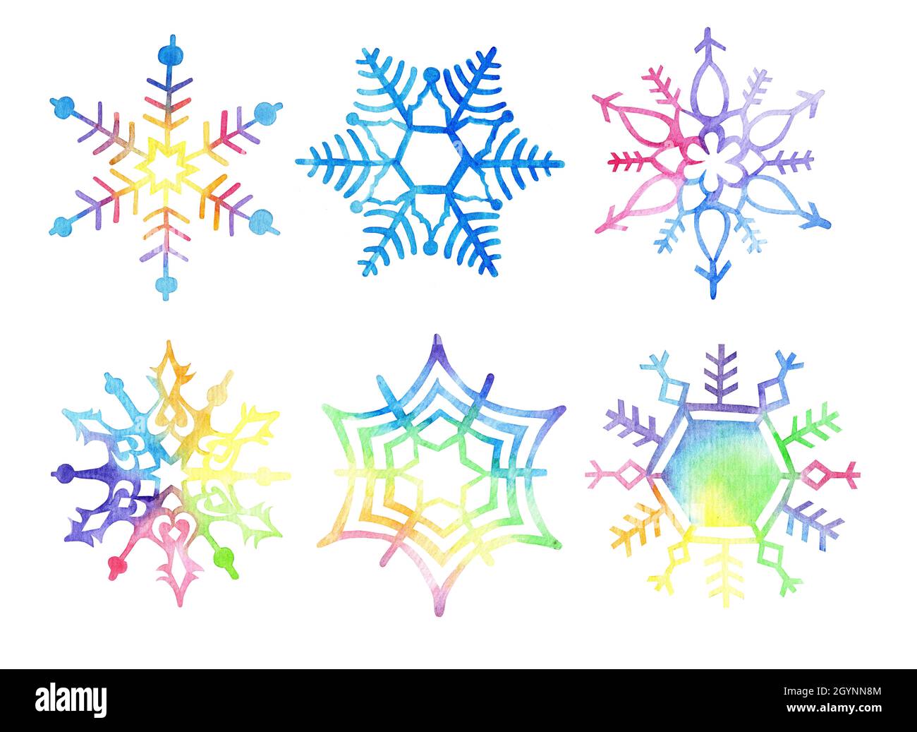Large watercolor set of rainbow snowflakes. Winter holiday illustration ...