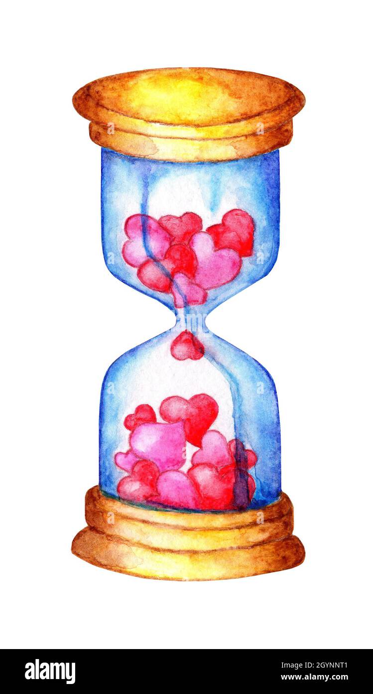 Watercolor hourglass with pink and red hearts instead of sand. Time to ...