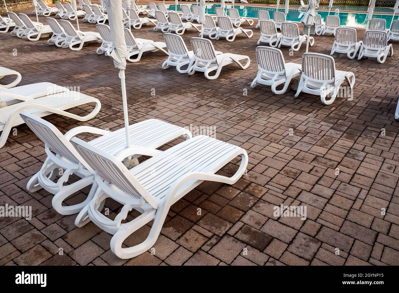 Plastic hammocks near the pool, empty by the end of the summer season ...
