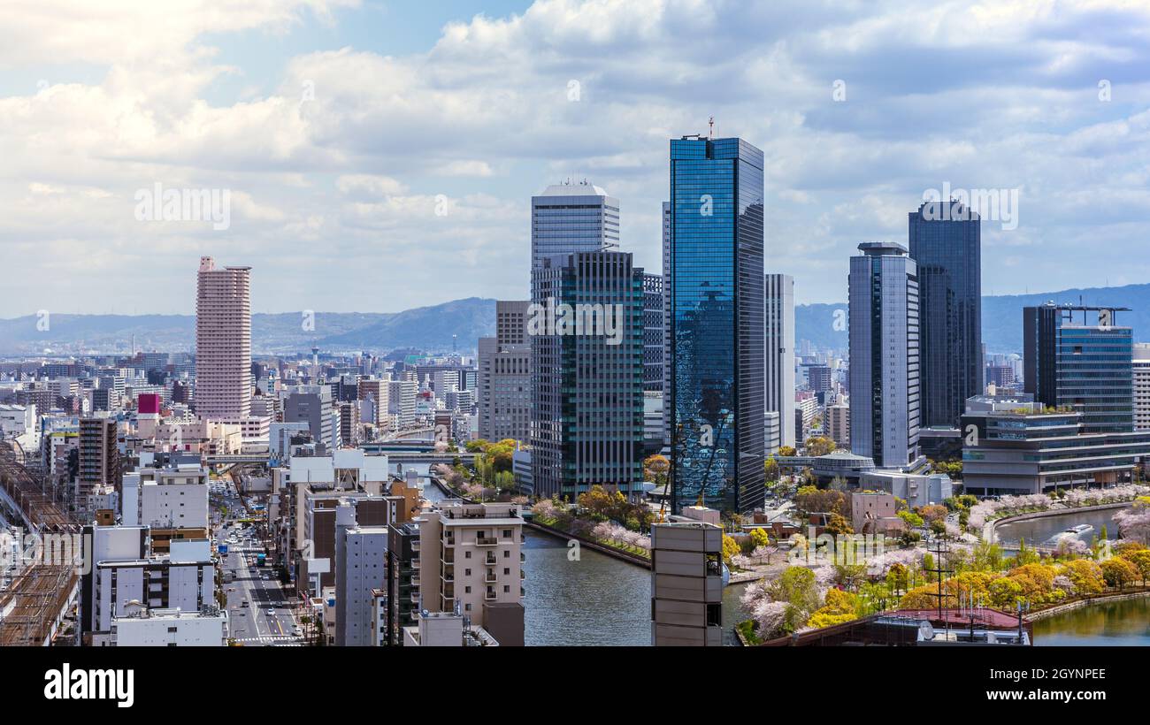 Aerial view of Osaka city from sky building. Bird eye view of cityscape ...