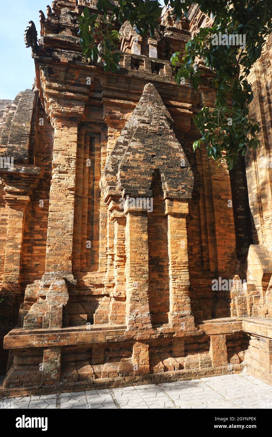 Sculptural details on the restored façade of one of the ancient Po ...