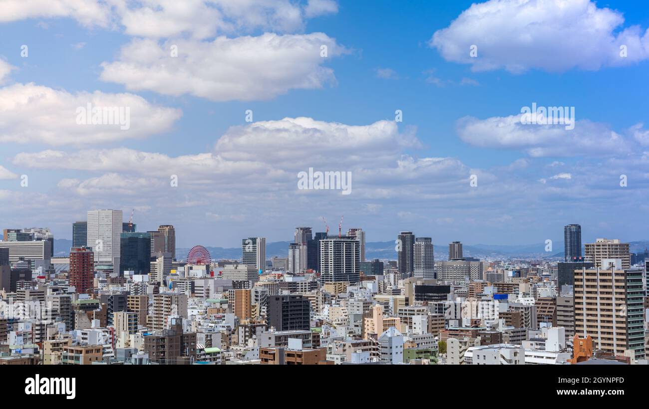 Aerial view of Osaka city from sky building. Bird eye view of cityscape ...