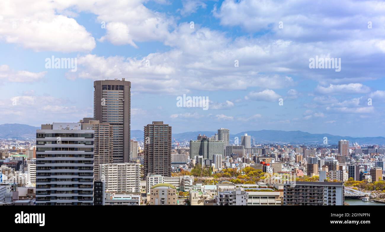Aerial view of Osaka city from sky building. Bird eye view of cityscape ...