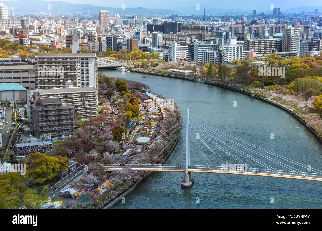 Aerial view of Osaka city and the river from sky building. Bird eye ...