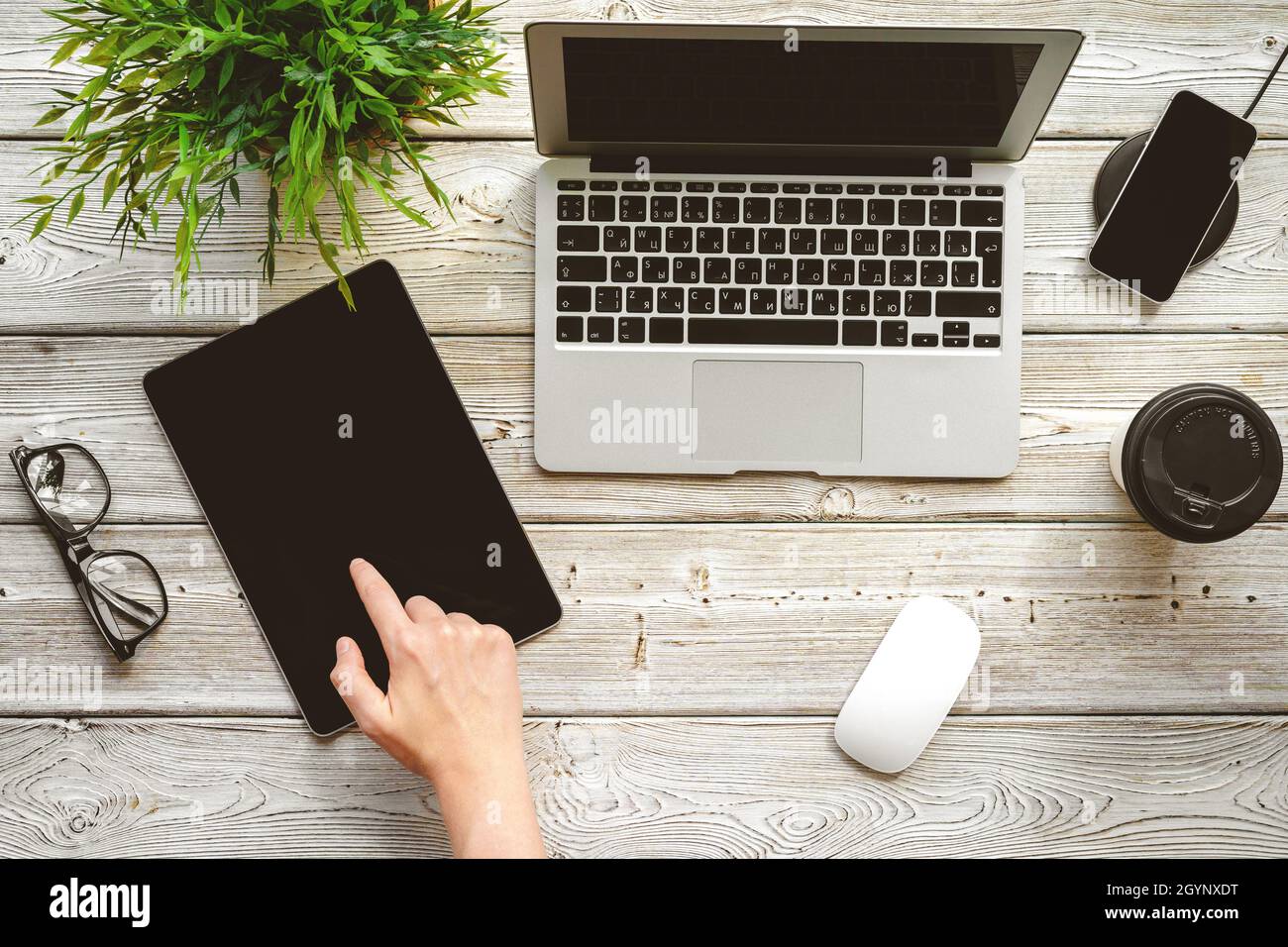 Flat lay office desk Workspace with female hand, laptop top view Stock ...