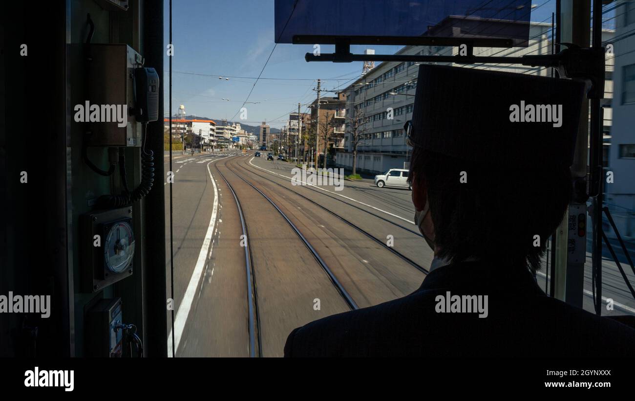 View of train engine driver inside the Japanese Kyoto local train cabin ...